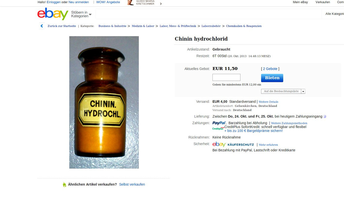 200 Gramm Chinin bei ebay | APOTHEKE ADHOC
